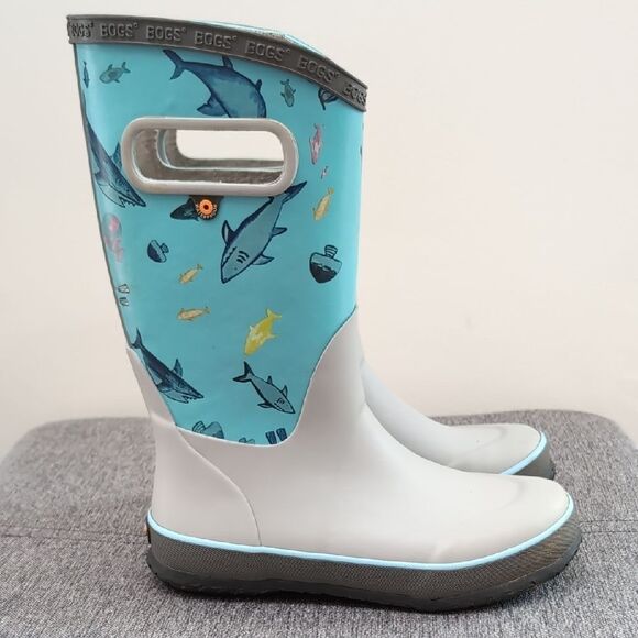 Bogs | Shoes | Bogs Kidsshark Print Gray Blue Wellies Rain Boots Sz 2 ...